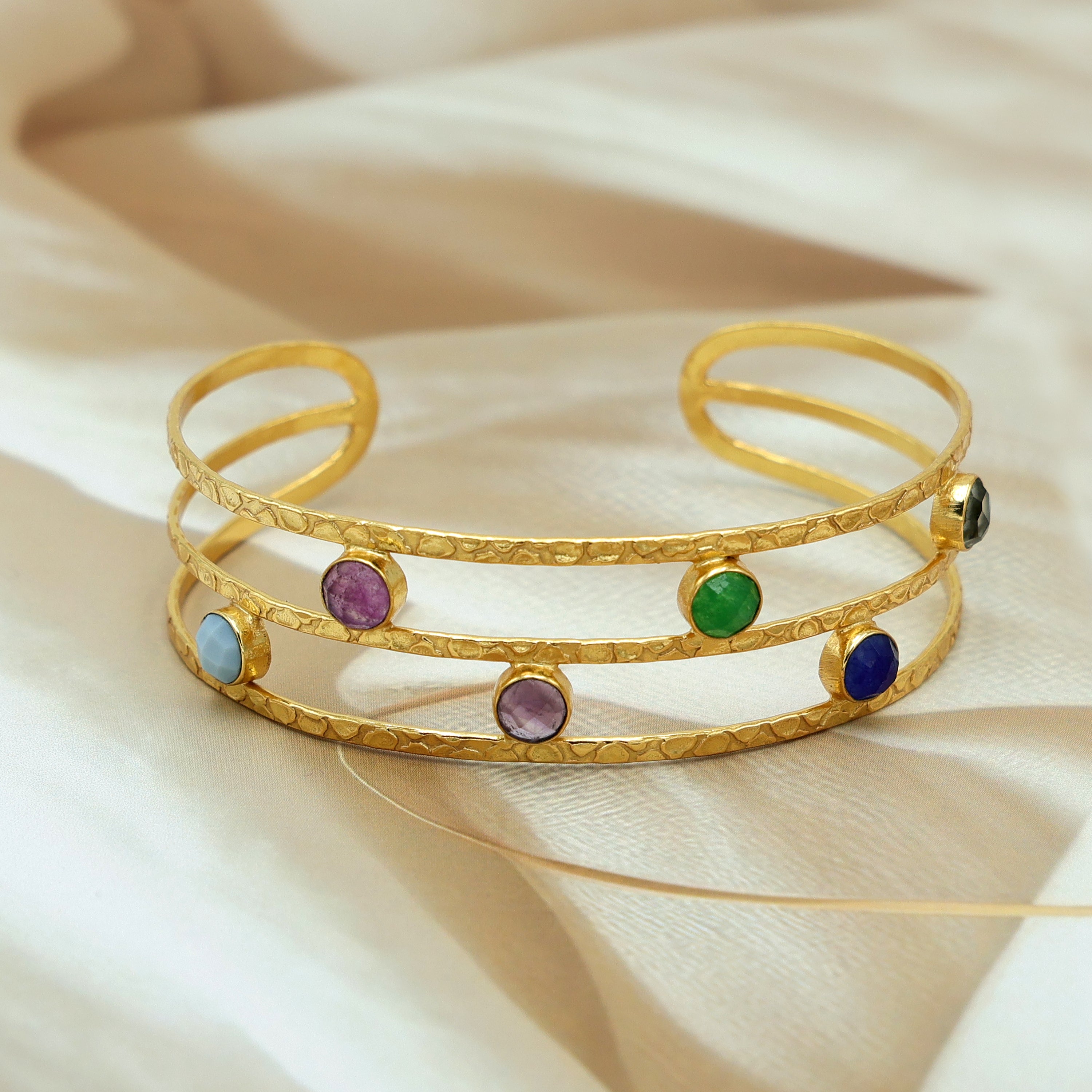 Multicolor Jade Bangle Bracelet – Gold Plated Brass Statement Jewelry – Dua